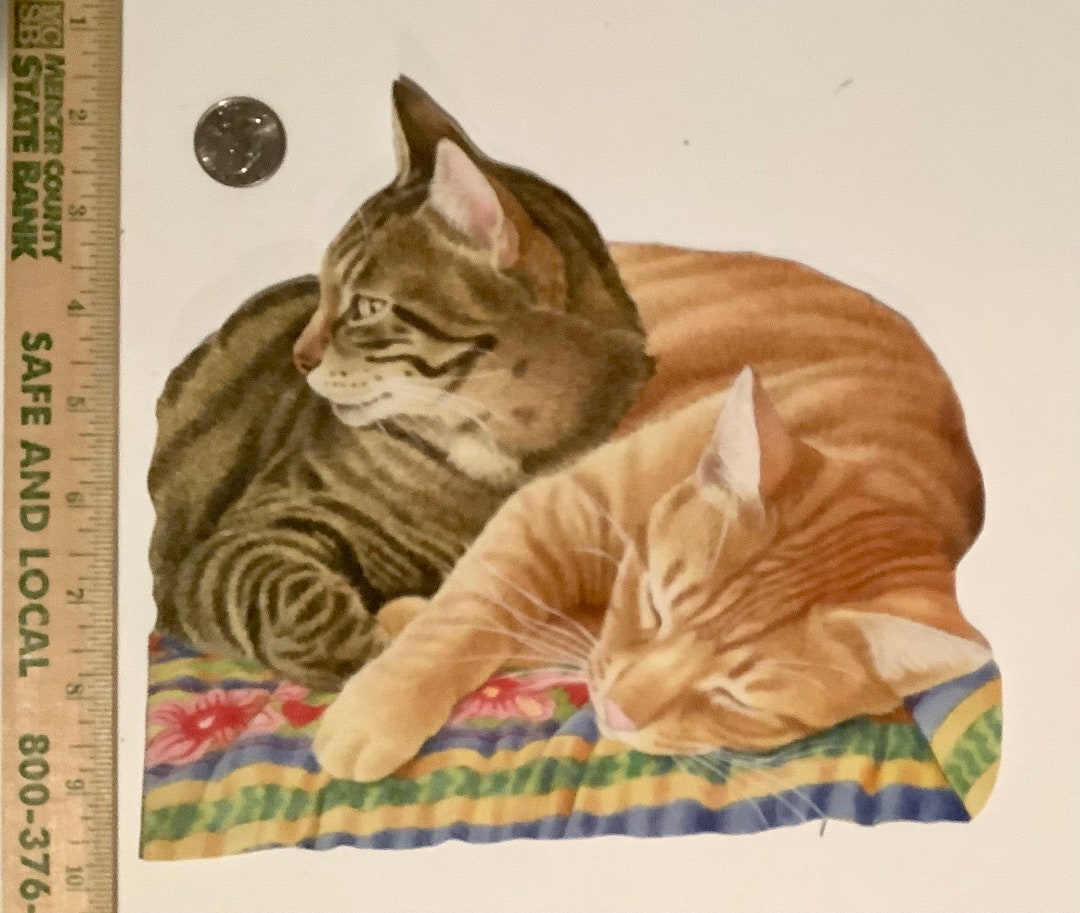 Large Realistic Grey and Yellow Sleeping Tabby Cats Fabric Appliques ...