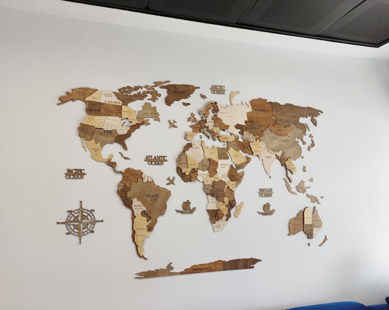 World Map Wood Map Wall Art Decor Wooden World Map 3D - Etsy