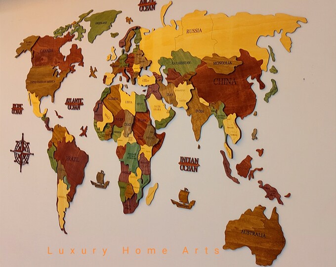 3D Wood World Map, Large Wall Art, Wooden Map Wall, Wooden Wall Atlas ...