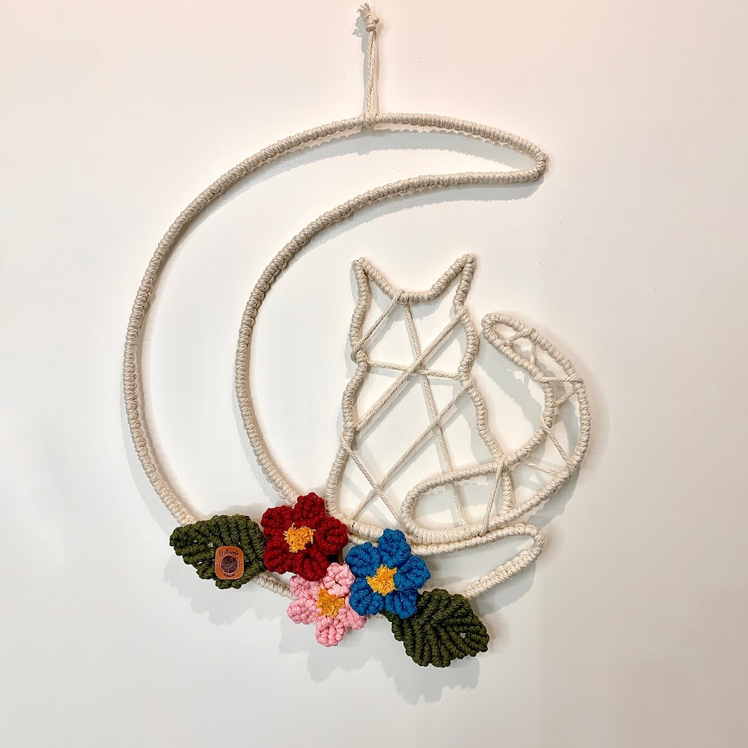 Macrame Wallhanging the Cat and the Moon With Flowers - Etsy