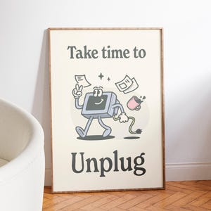 Retro Unplug Poster, Printable Self Care Wall Art for Tech Detox, Funny ...