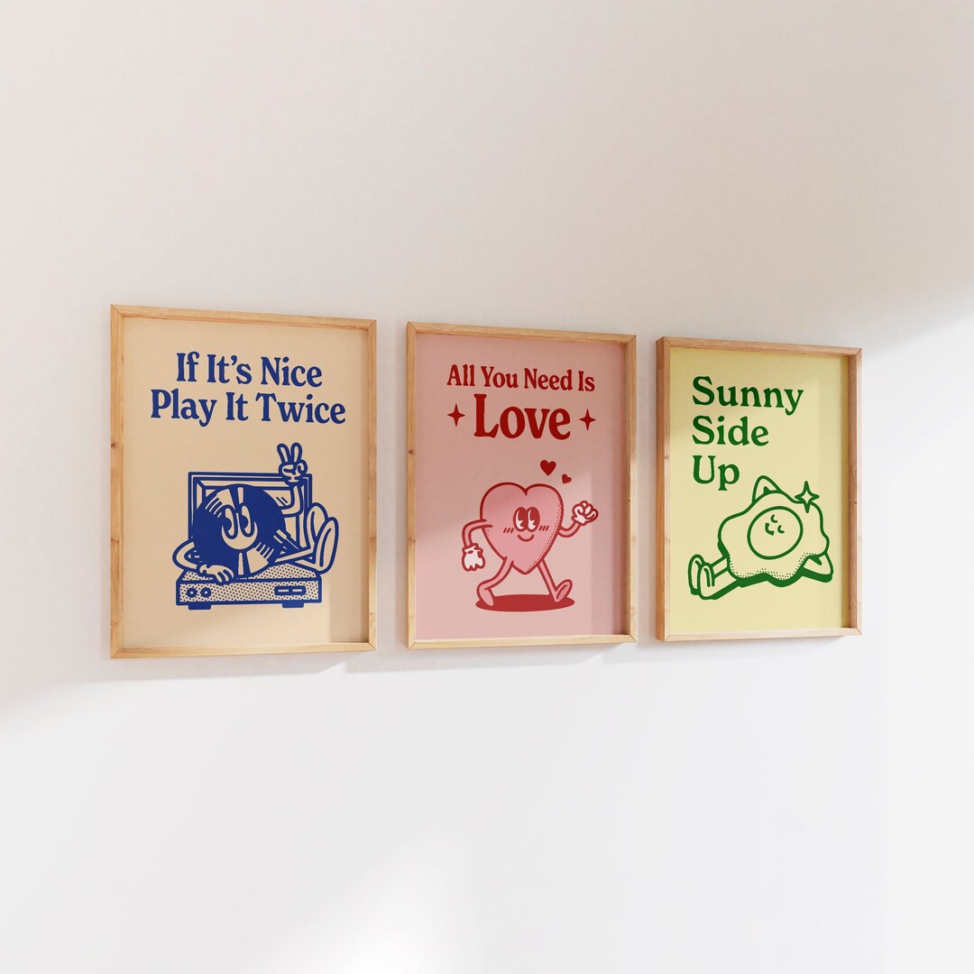 Set of 3 Retro Character Posters, Trendy Colorful Prints, Aesthetic ...