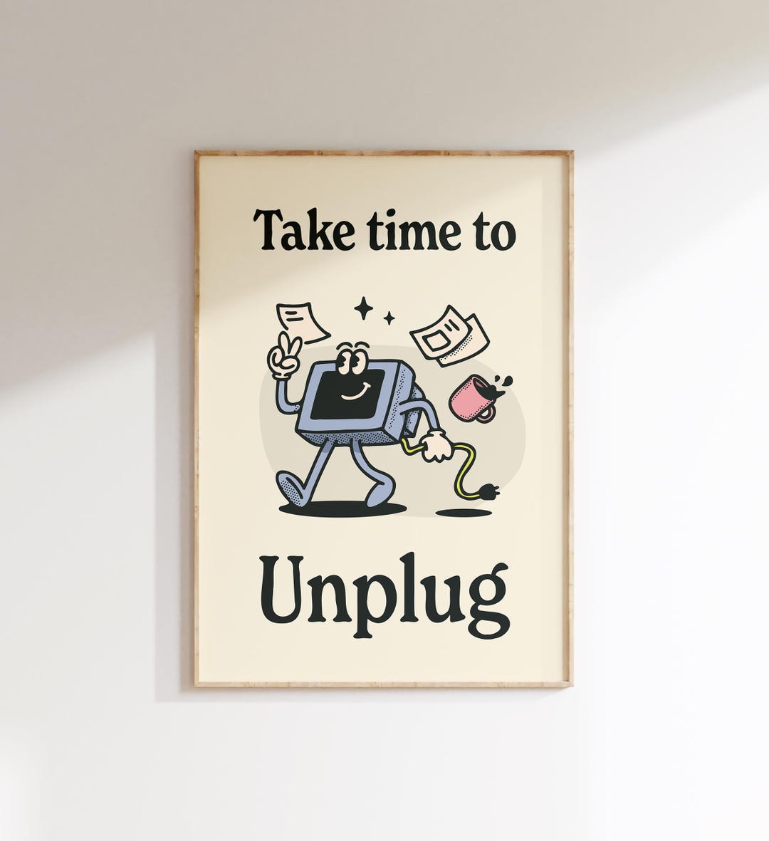 Retro Unplug Poster, Printable Self Care Wall Art for Tech Detox, Funny ...