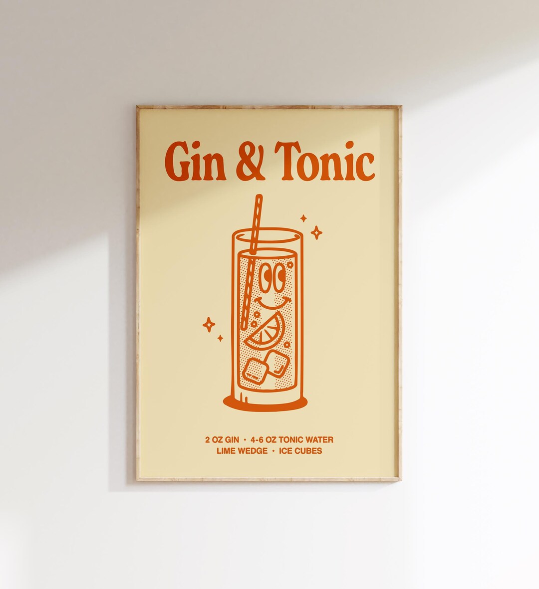 Gin and Tonic Cocktail Poster Printable, Orange Retro Wall Art for Bar ...