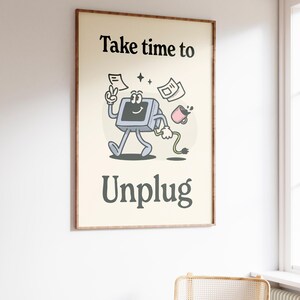 Retro Unplug Poster, Printable Self Care Wall Art for Tech Detox, Funny ...