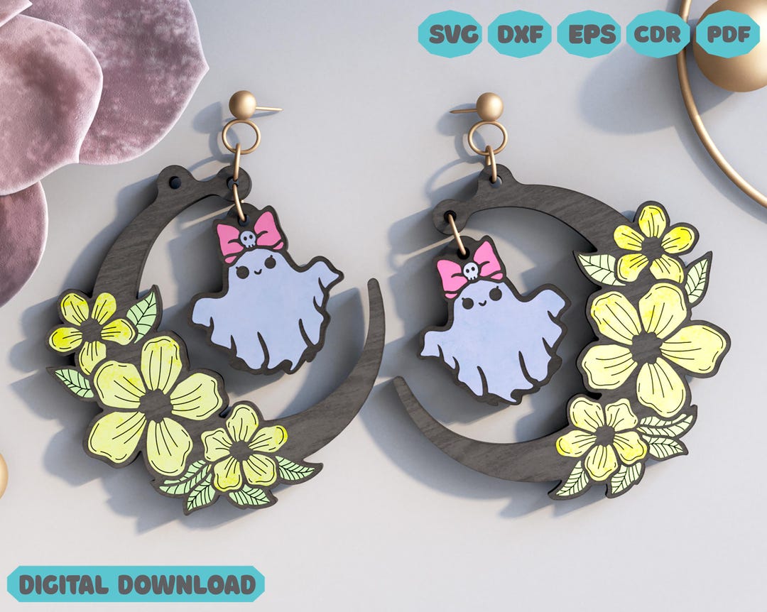Ghost Earrings SVG | Floral Moon Laser Cut File | Spooky Cute Digital ...