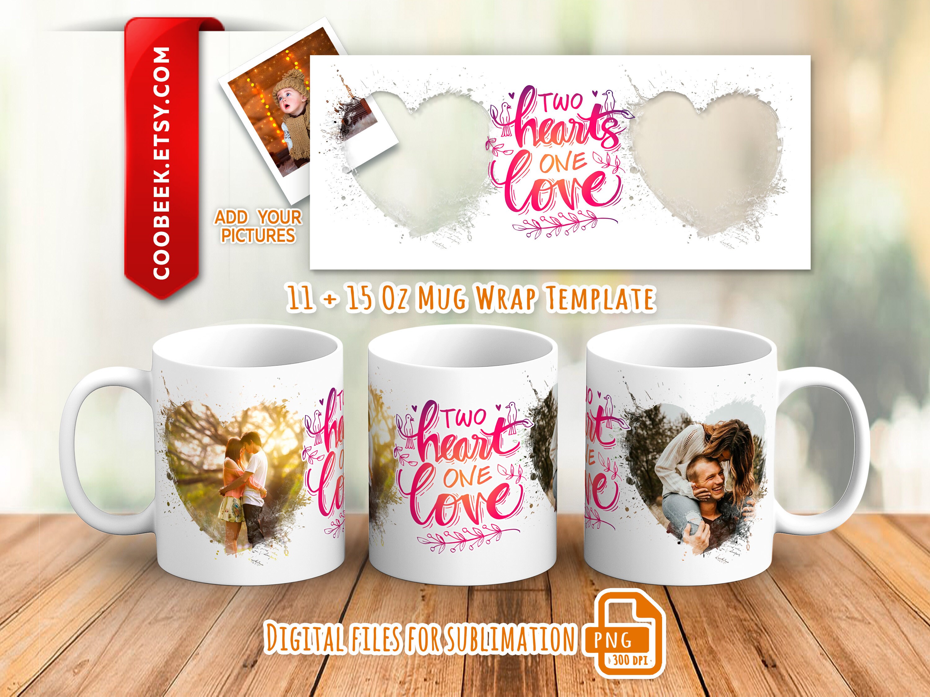 Two Hearts One Love - Photo Frame Png Wrap, 2 Heart Photo Mug Wrap Png ...