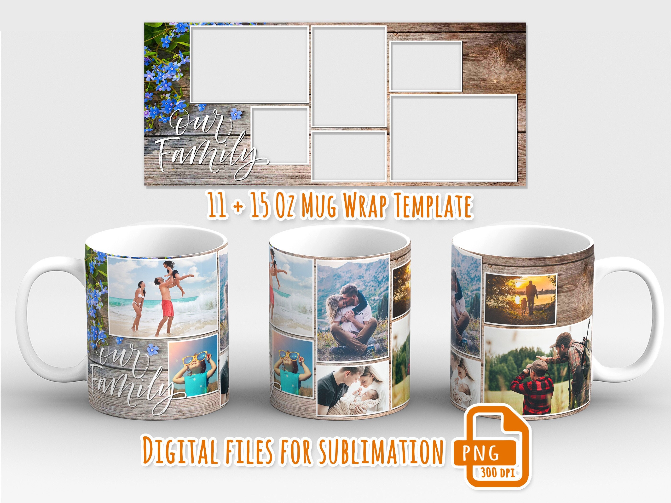 Family Photo Mug, Photo Collage Mug Wrap Png, Picture Mug Template for ...