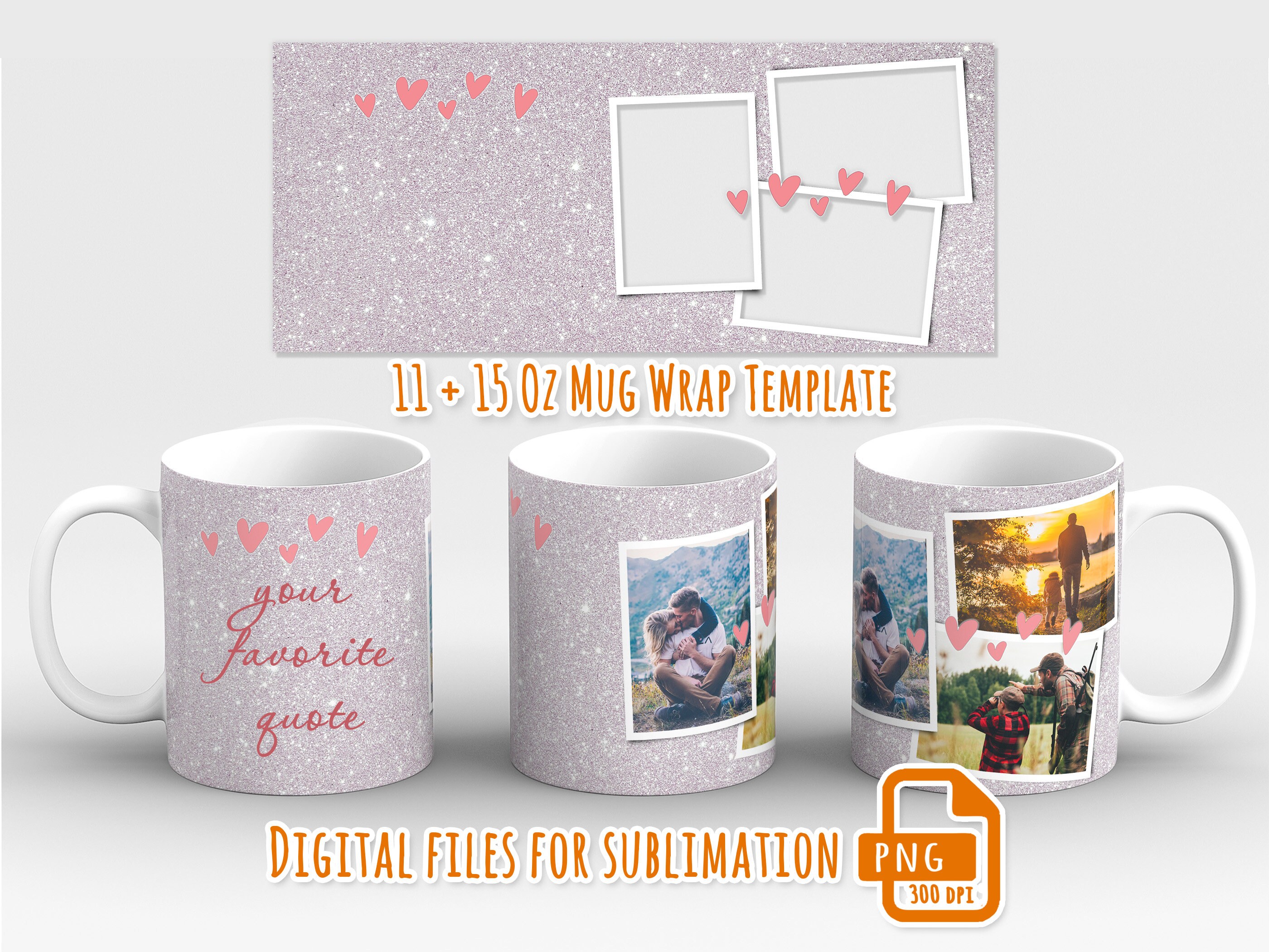 Pink Glitter Photo Mug Collage Template, Photo Mug Wrap Png, Picture ...