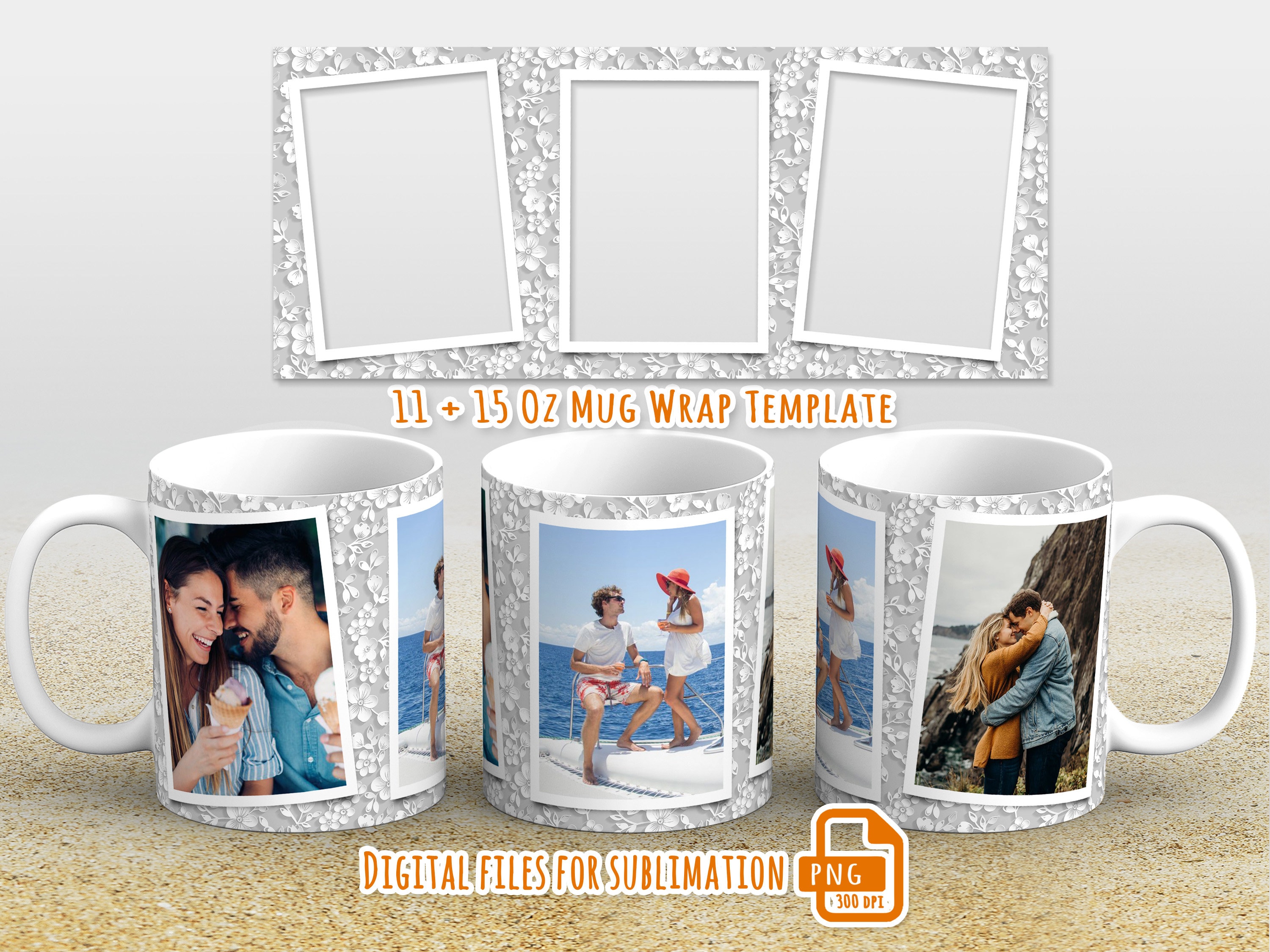 3 Photo Frame Coffee Mug Png Wrap, Picture Mug Template for Sublimation ...