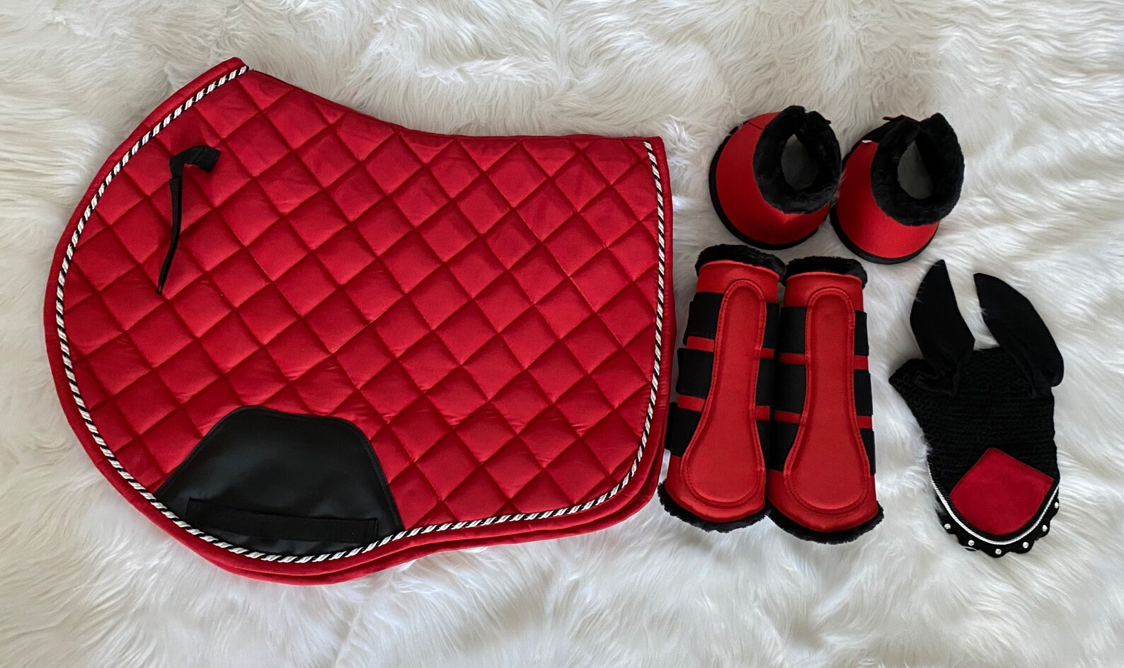 Red Saddle Pad, Fly Veil, Brushing Boots and Bell Boots - Etsy