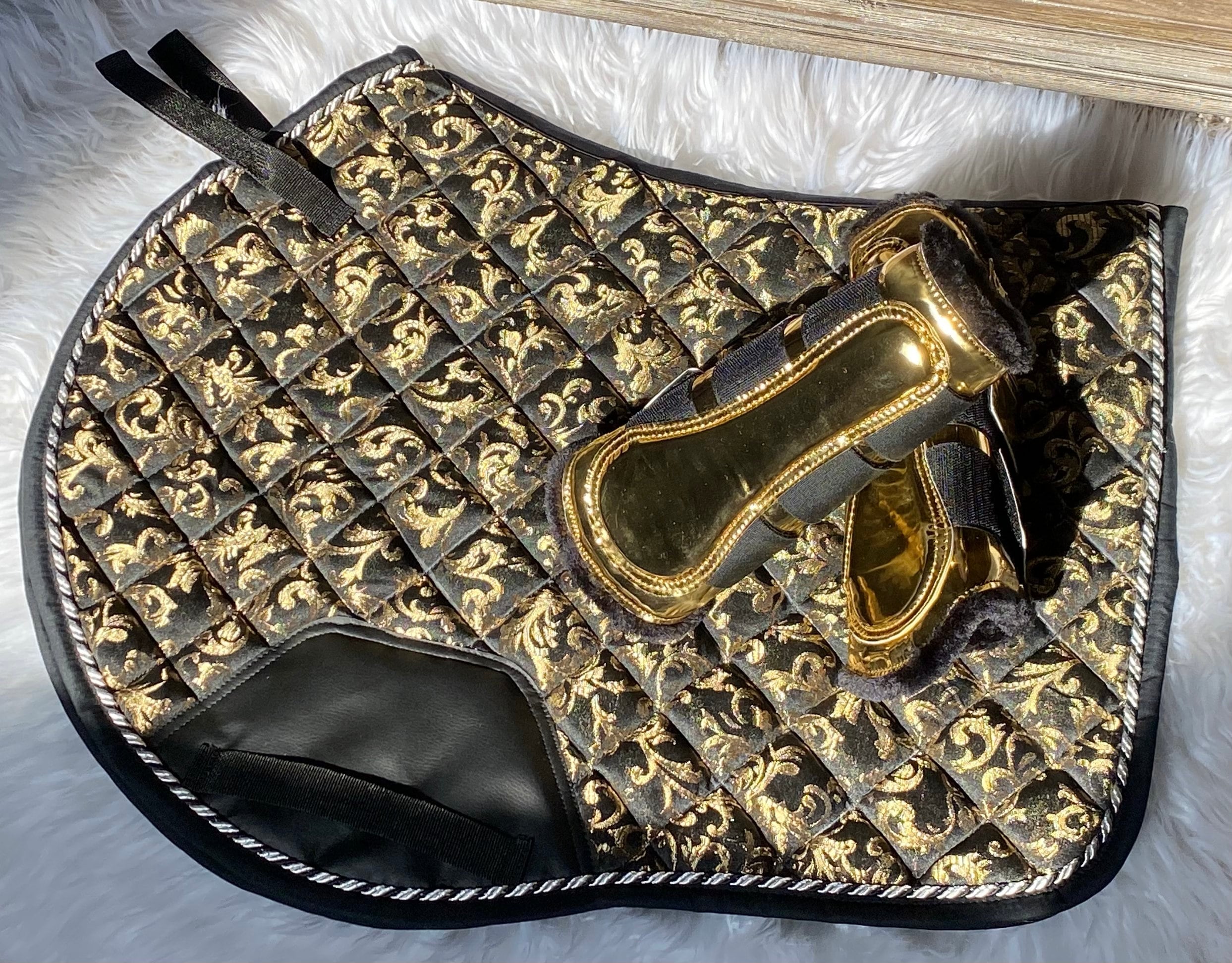 Handmade Black and Gold Saddle Pad and Brushing Boots - Etsy