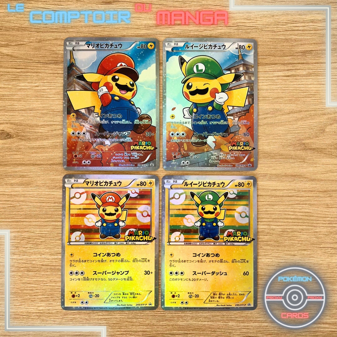 Pikachu Mario & Pikachu Luigi Promo XY Lot 4 Cards Japanese Version Holographic Proxy High ...