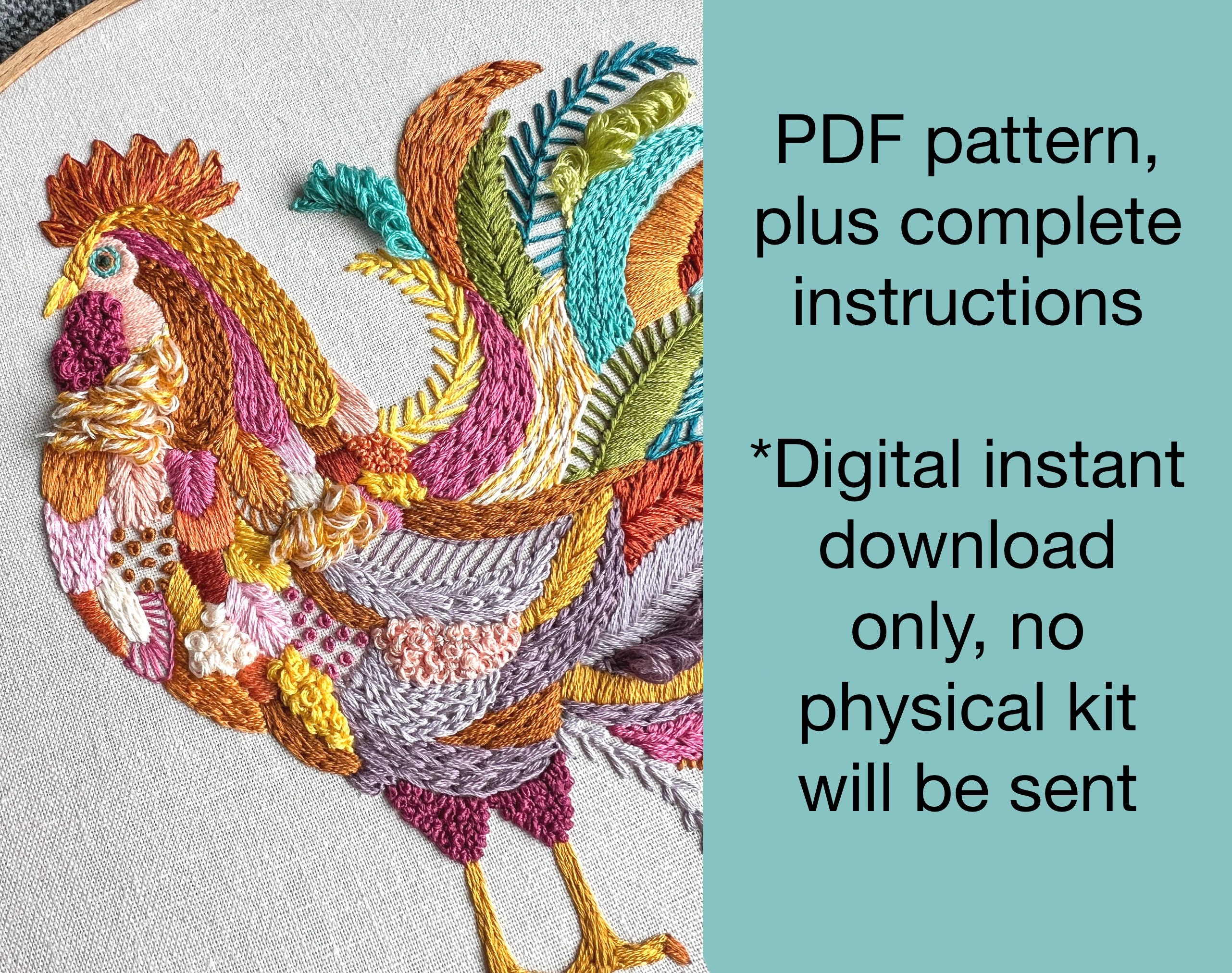 Colorful Rooster Hand Embroidery Pattern - PDF Instant Download for ...