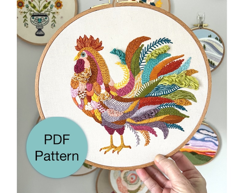 Colorful Rooster Hand Embroidery Pattern - PDF Instant Download for ...