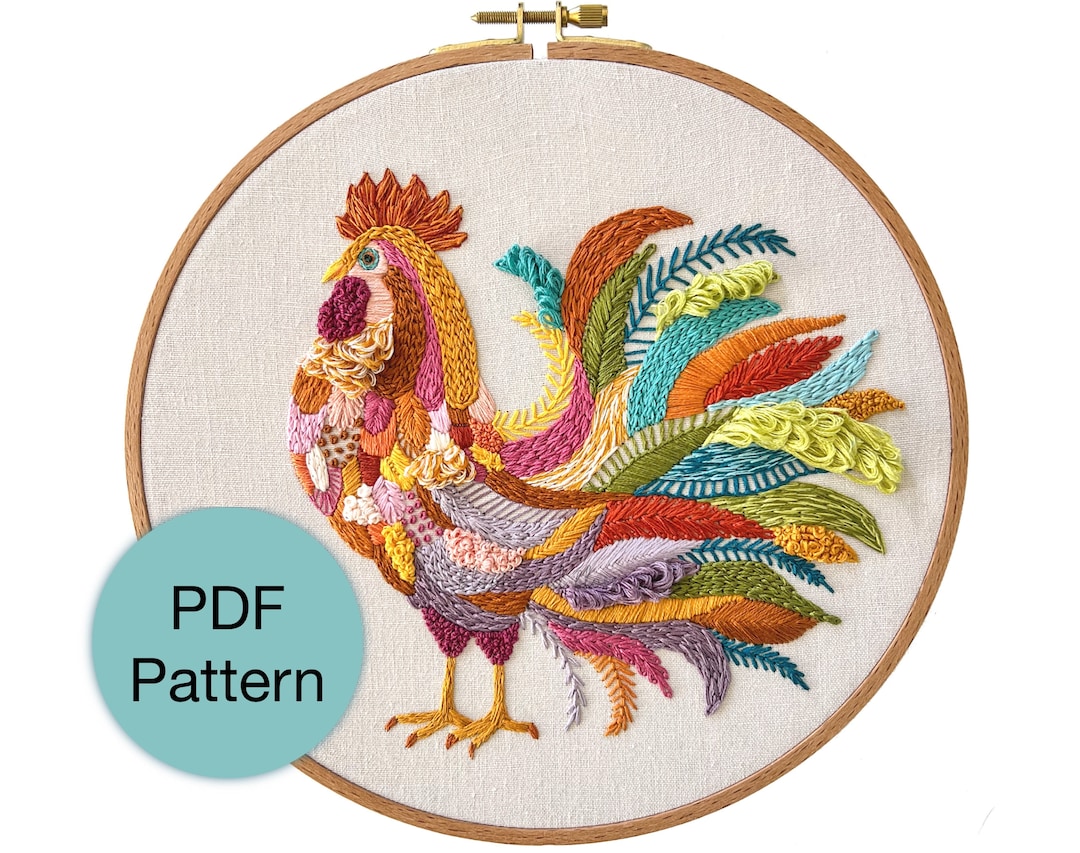 Colorful Rooster Hand Embroidery Pattern - PDF Instant Download for ...