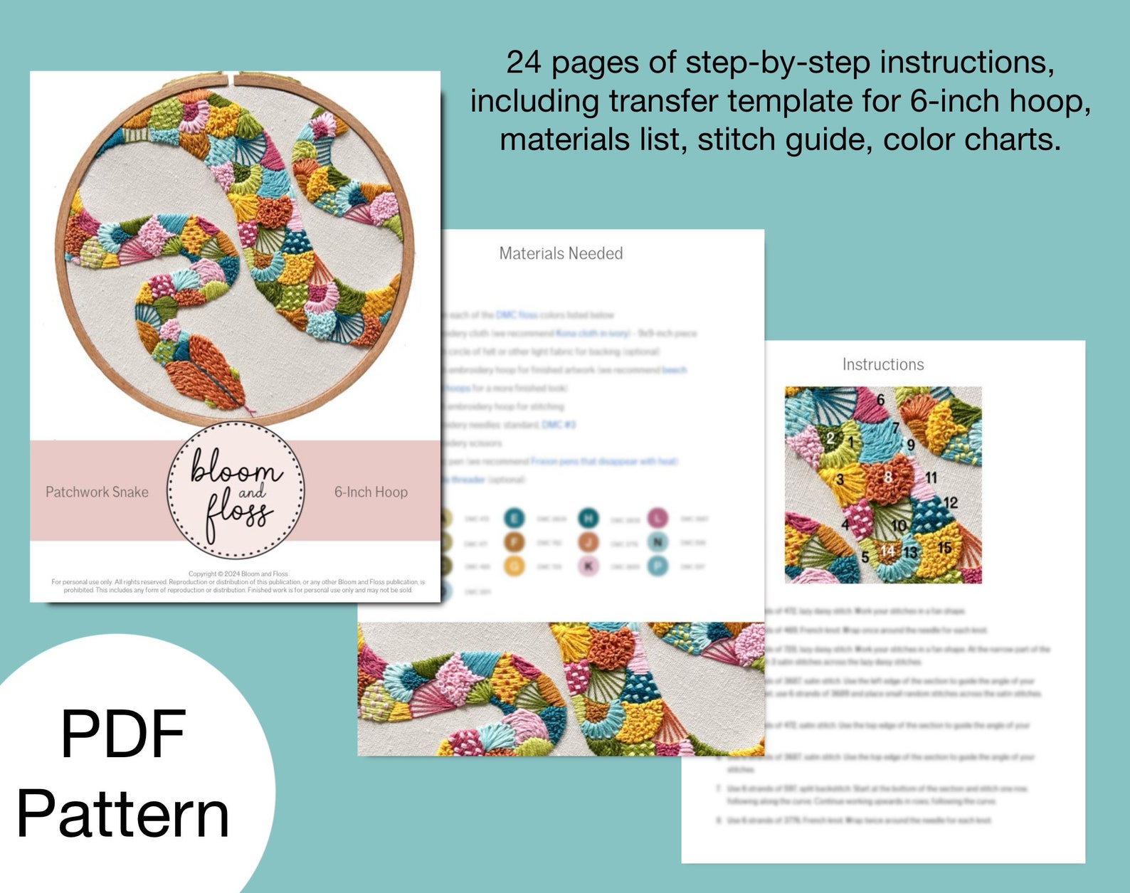 Patchwork Patterned Snake Hand Embroidery Pattern - PDF Instant ...