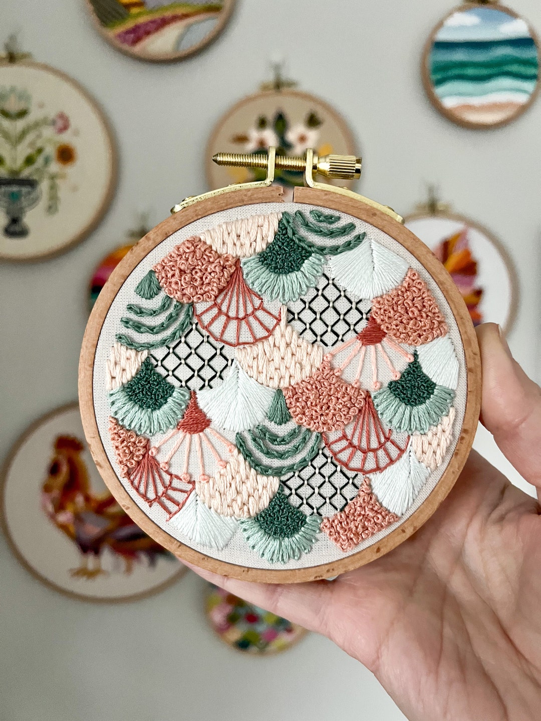 Finished Embroidery Hoop Art Abstract Scallop Pattern in Soft, Beachy ...