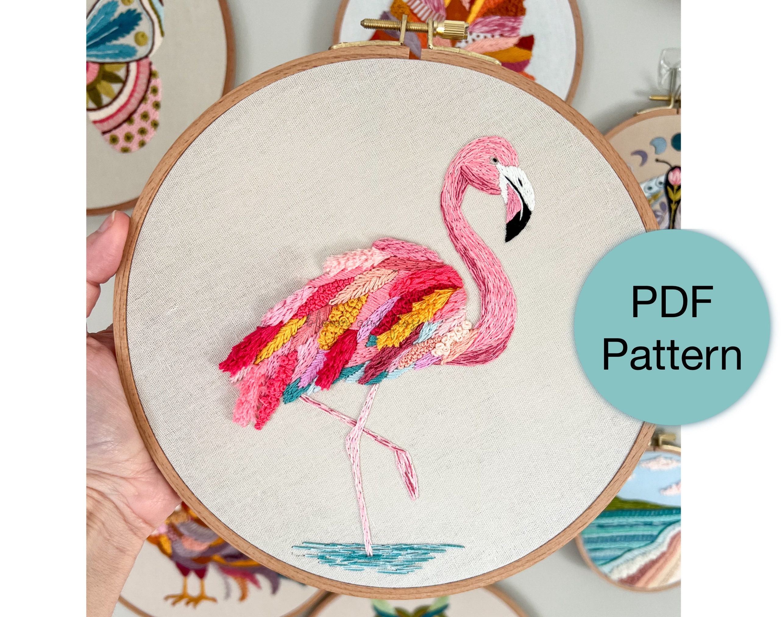 Colorful Textured Flamingo Hand Embroidery Pattern - PDF Instant ...