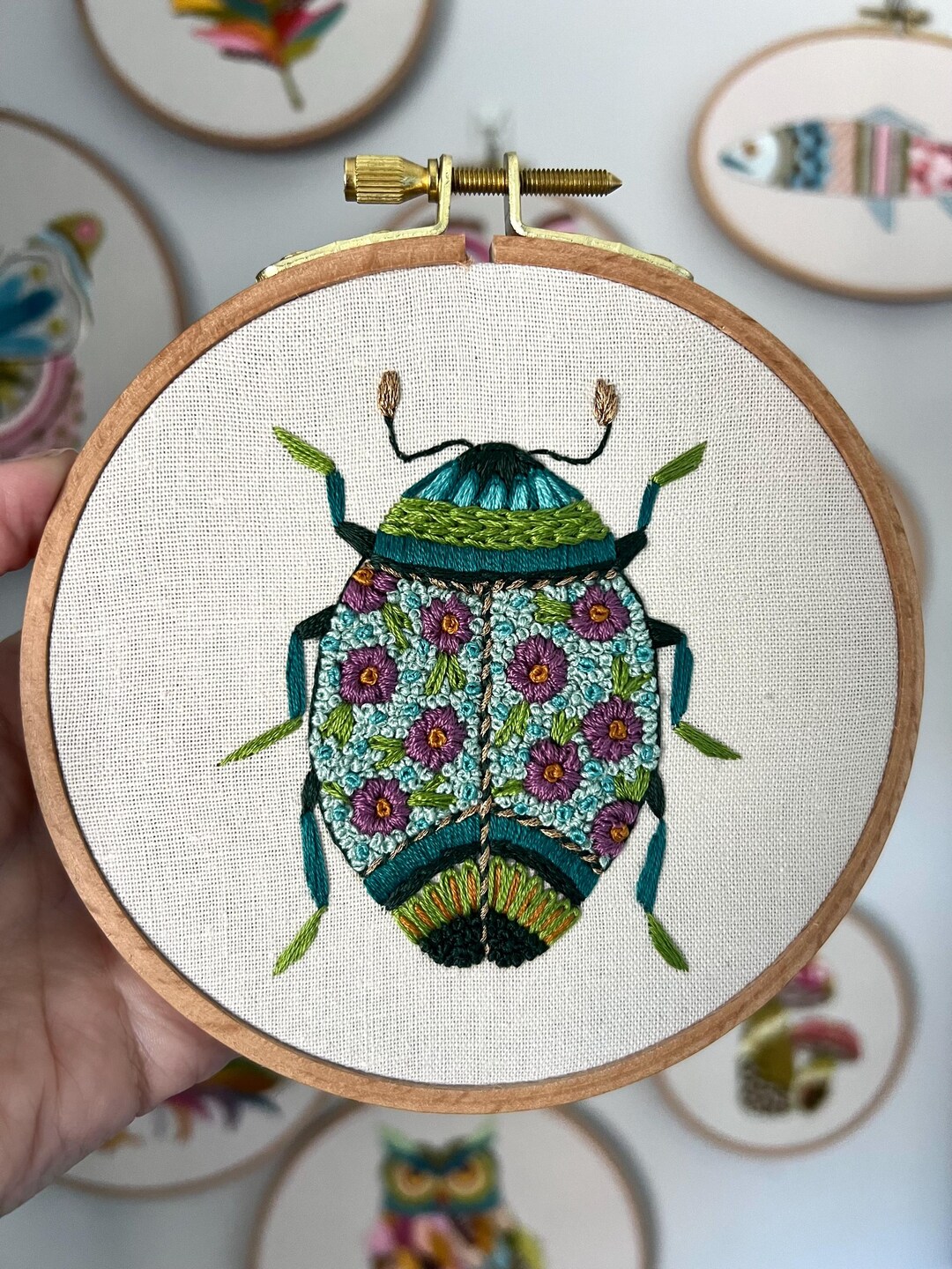 Finished Embroidery Hoop Art - Floral Beetle Scarab Hand Stitched - Etsy