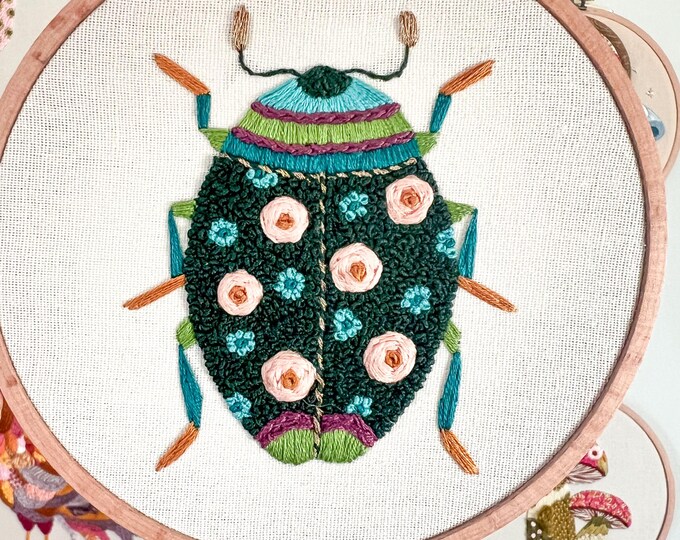 Finished Embroidery Hoop Art - Floral Beetle Scarab Hand Stitched - Etsy