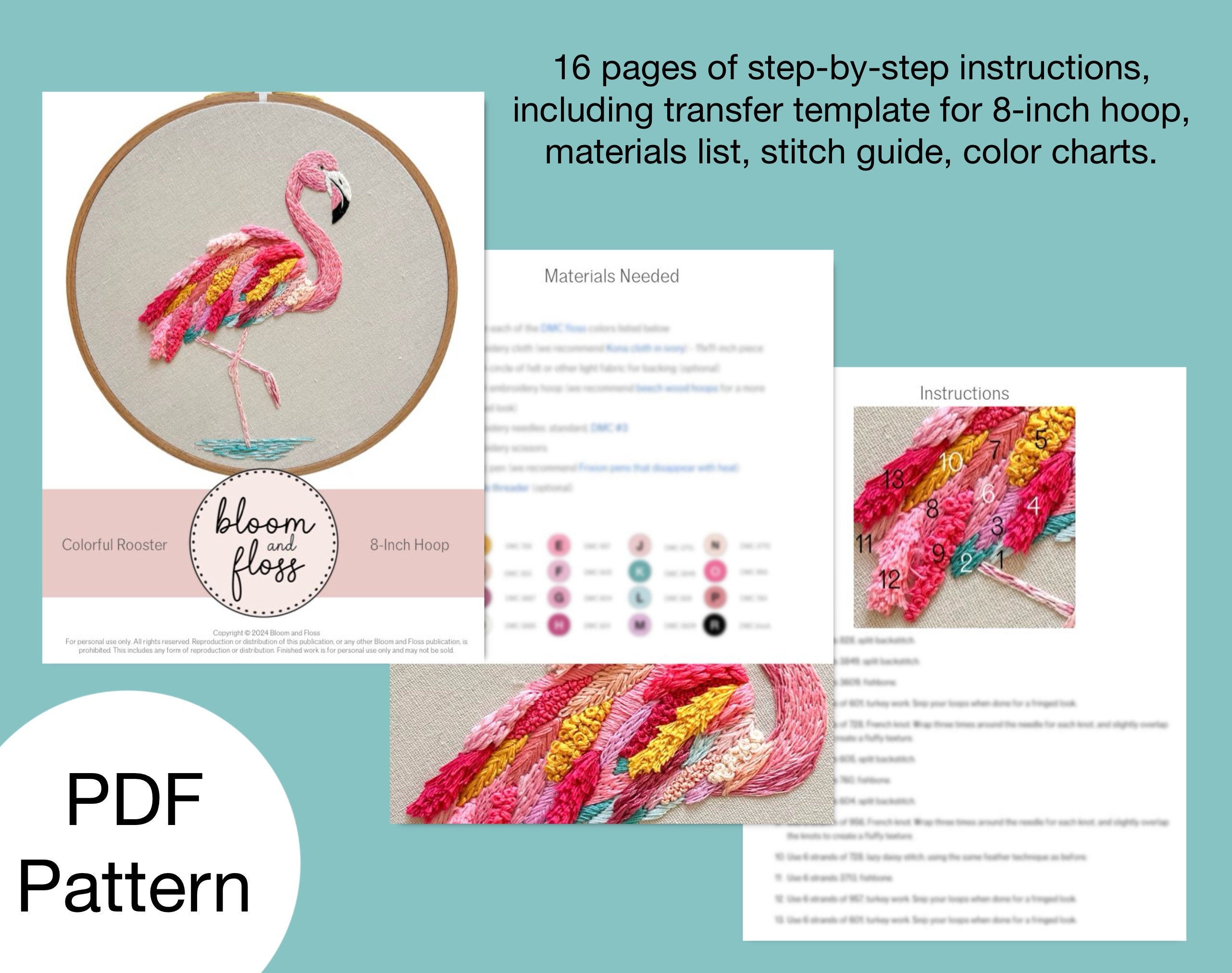 Colorful Textured Flamingo Hand Embroidery Pattern - PDF Instant ...