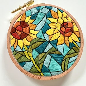 Finished Embroidery Hoop Art Sunflowers Stained Glass Style 4.5 Inch ...
