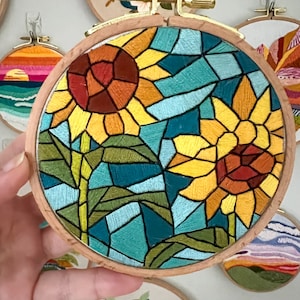 Finished Embroidery Hoop Art Sunflowers Stained Glass Style 4.5 Inch ...