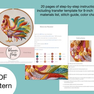 Colorful Rooster Hand Embroidery Pattern - PDF Instant Download for ...