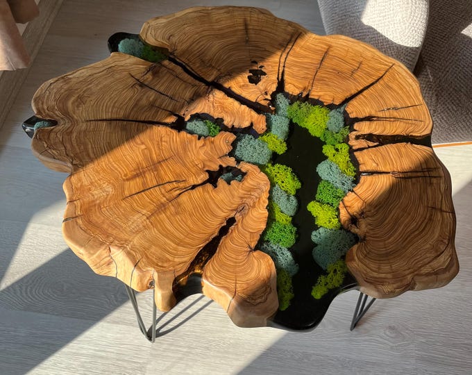 Colorful Moss Transparent Epoxy Coffee Table, Live Edge Epoxy Coffee ...