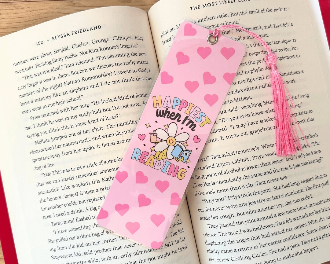 Happiest When Reading Bookmark, Handmade Bookmark, Pink Hearts Bookmark ...