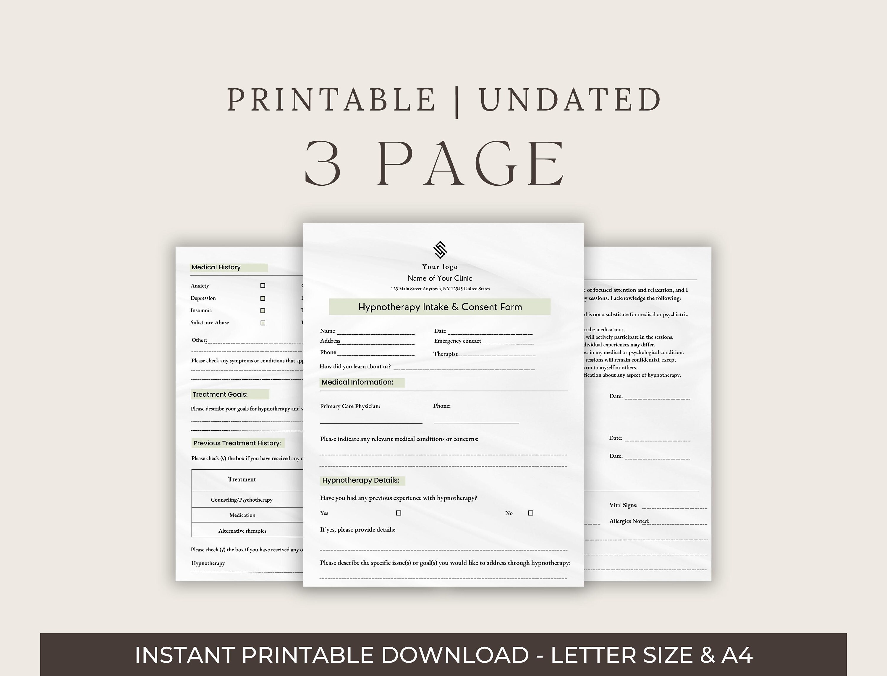 Hypnotherapy Intake Form | Hypnotherapy Consent Form | Hypnotherapy ...