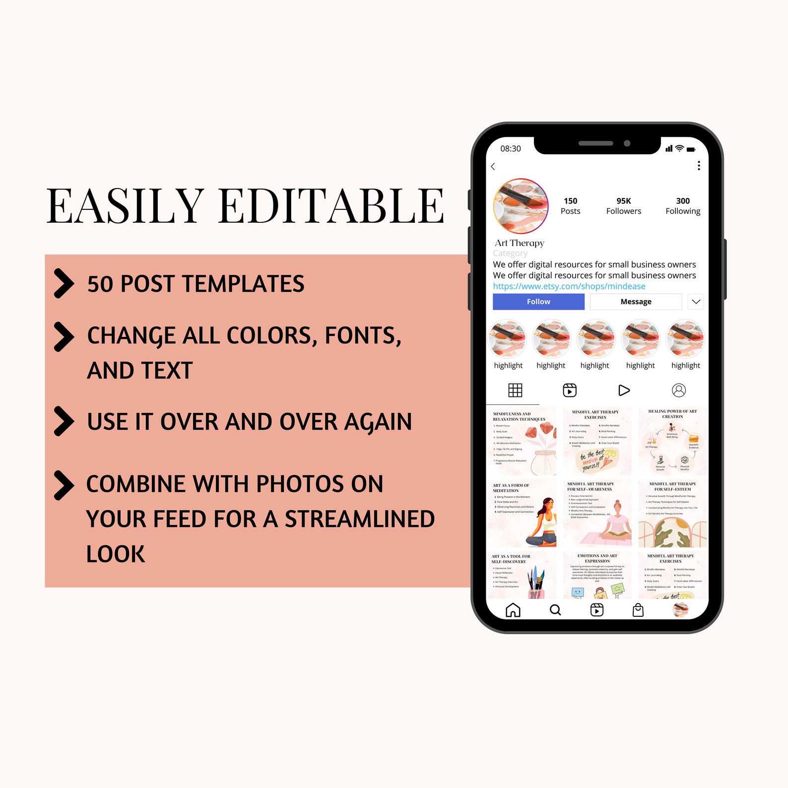 Mindful Art Therapy Instagram Post Templates, Canva Editable (digital ...