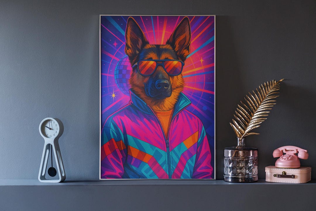 Retro 80s Neon German Shepherd Print: Funky Vaporwave Dog Art (digital ...