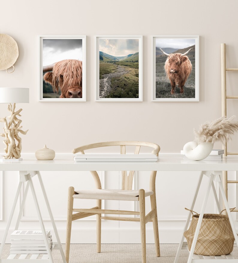 Highland Cow Gallery Wall Set of Three, Nature Wall Art, Digital ...