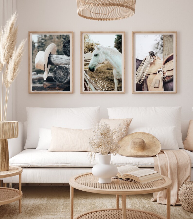 Boho Gallery Wall Set, Rustic Set of Three Prints, Printable Horse ...