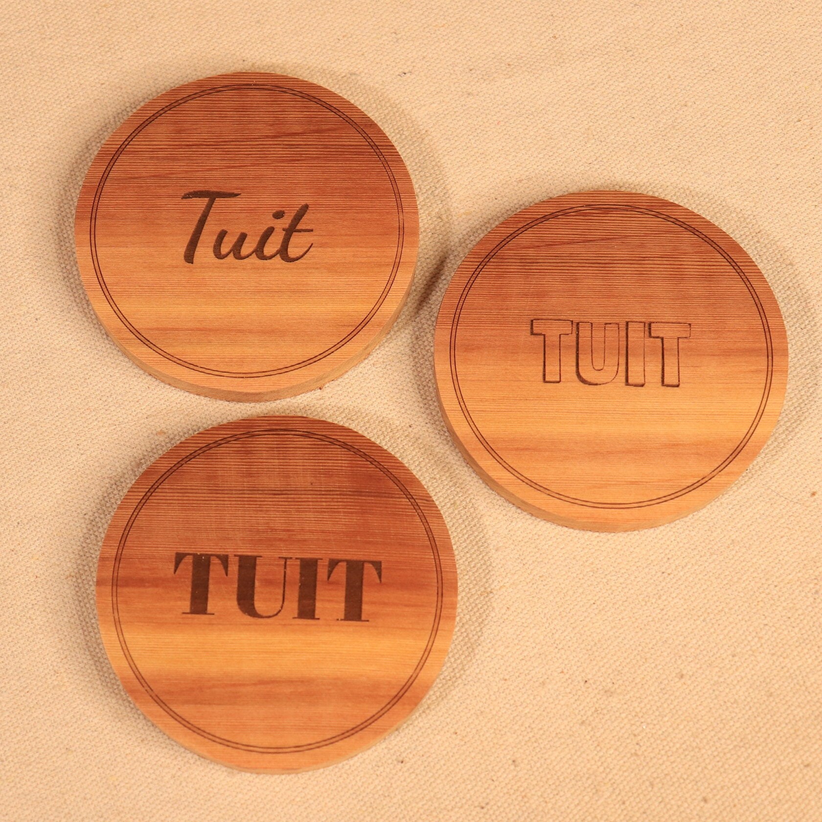 Round Tuit Cedar Custom Coaster Rare Find Font Cork Bottom Single Set ...