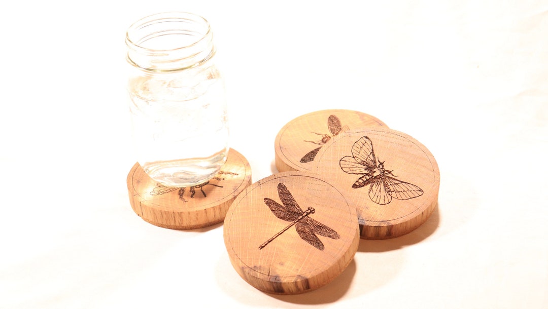 Set of 4 Insect Design Hardwood Oak Coasters Cork Bottom Handmade Lodge ...