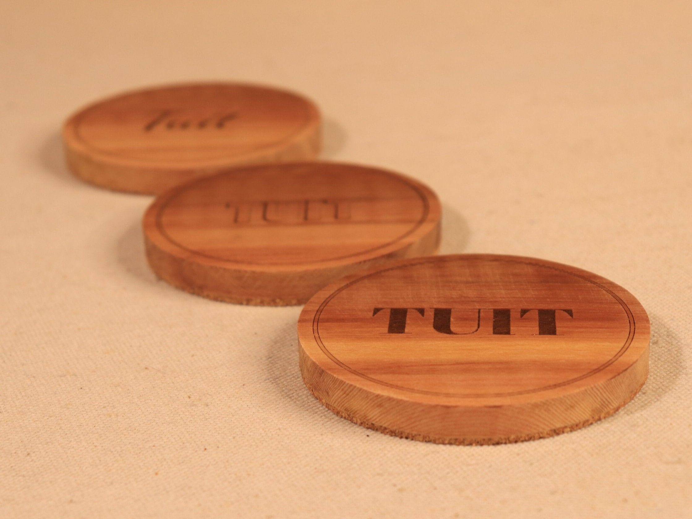Round Tuit Cedar Custom Coaster Rare Find Font Cork Bottom Single Set ...