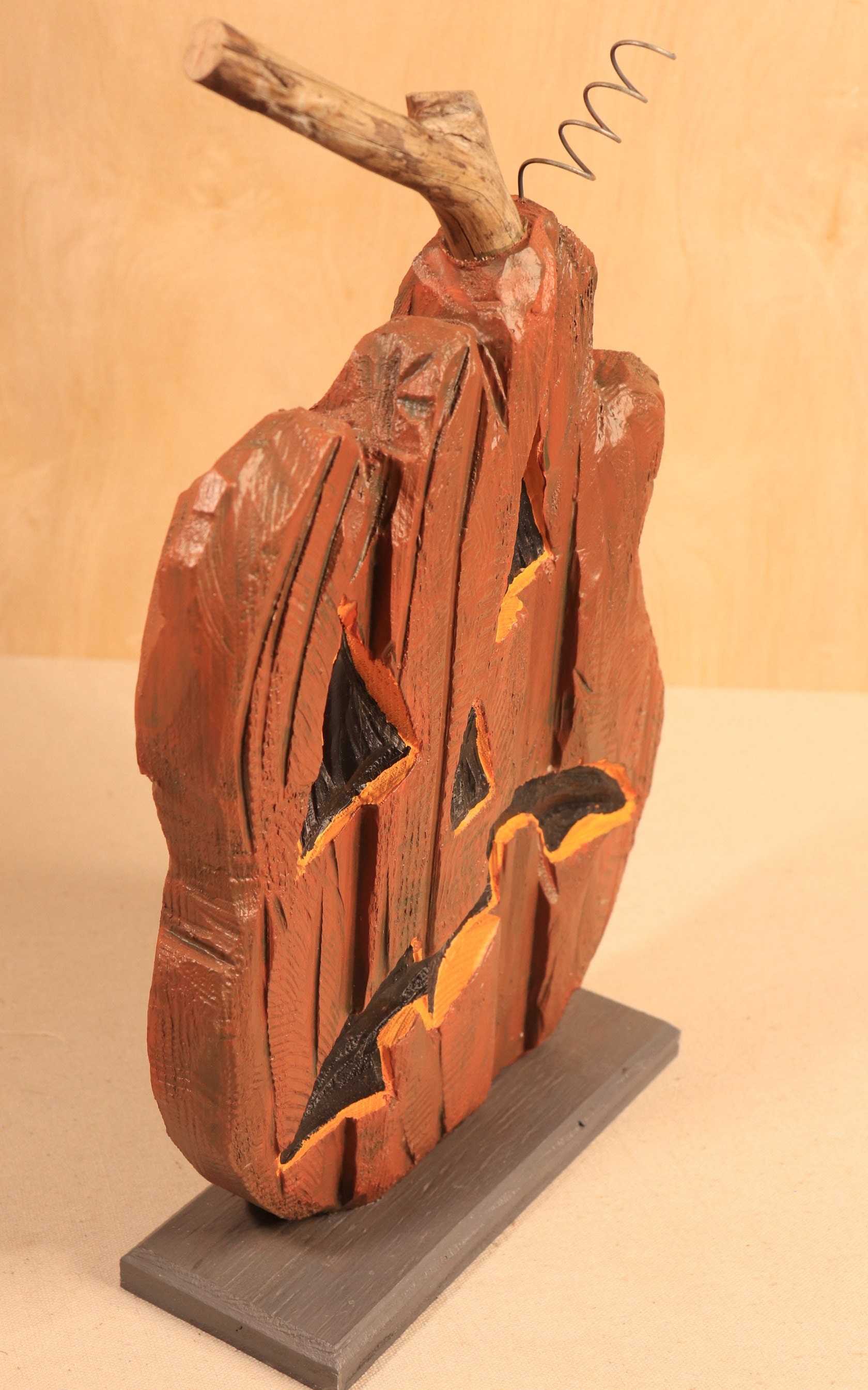 Frowning Jack O' Lantern Carving Solid Wood Halloween Pumpkin Art ...