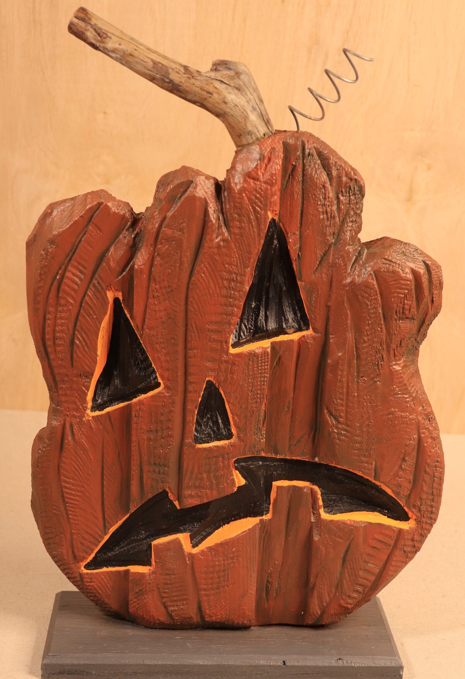 Frowning Jack O' Lantern Carving Solid Wood Halloween Pumpkin Art ...