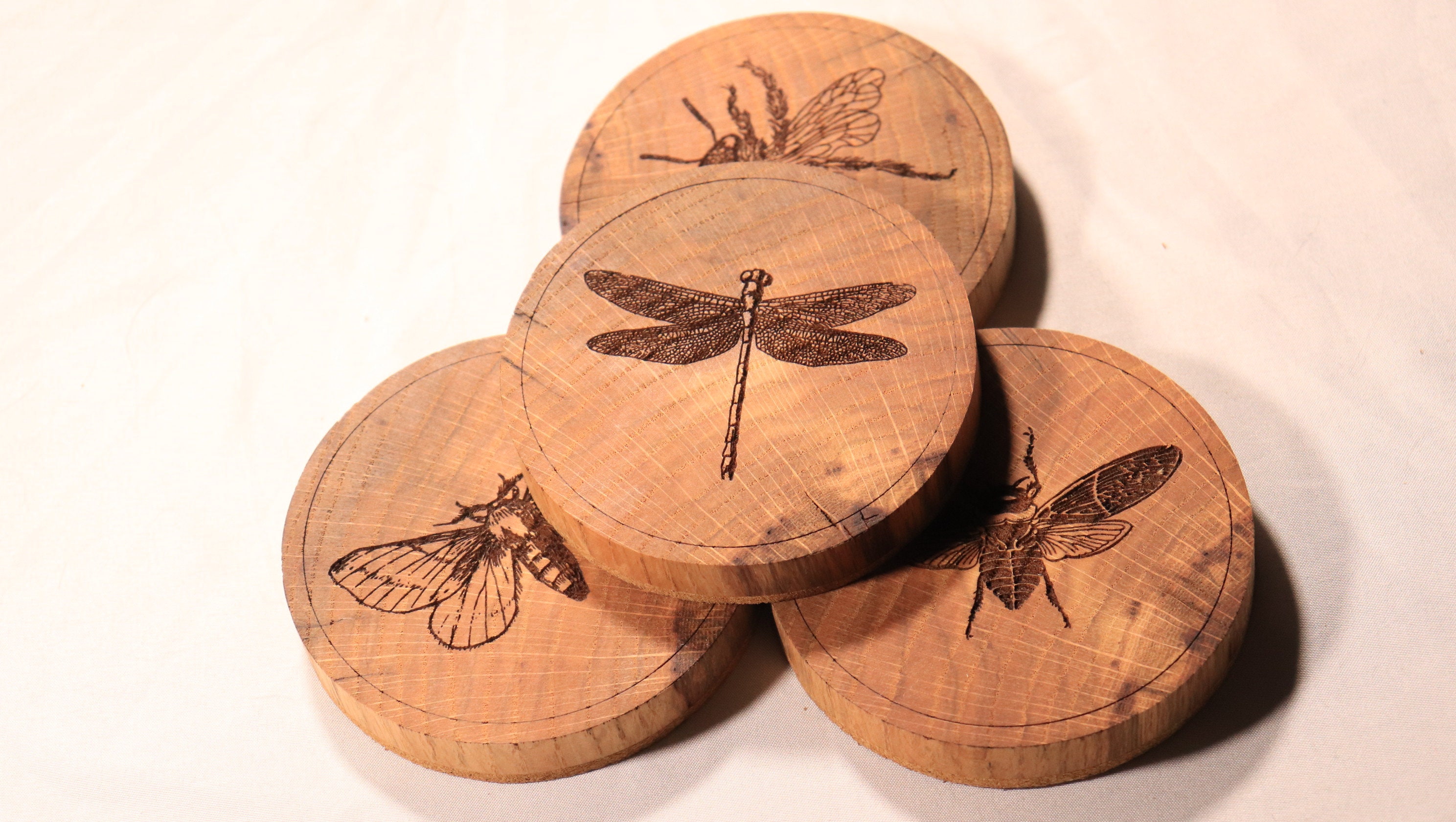 Set of 4 Insect Design Hardwood Oak Coasters Cork Bottom Handmade Lodge ...