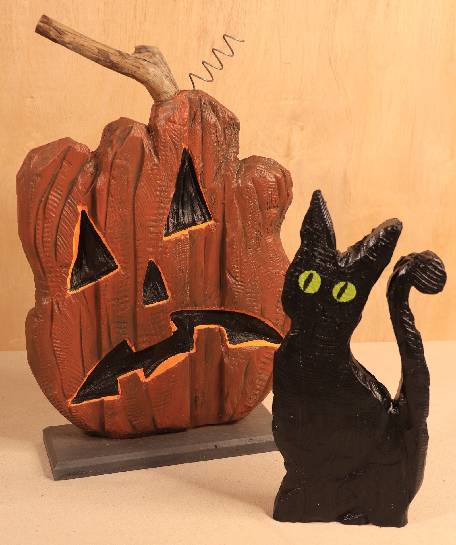 Frowning Jack O' Lantern Carving Solid Wood Halloween Pumpkin Art ...