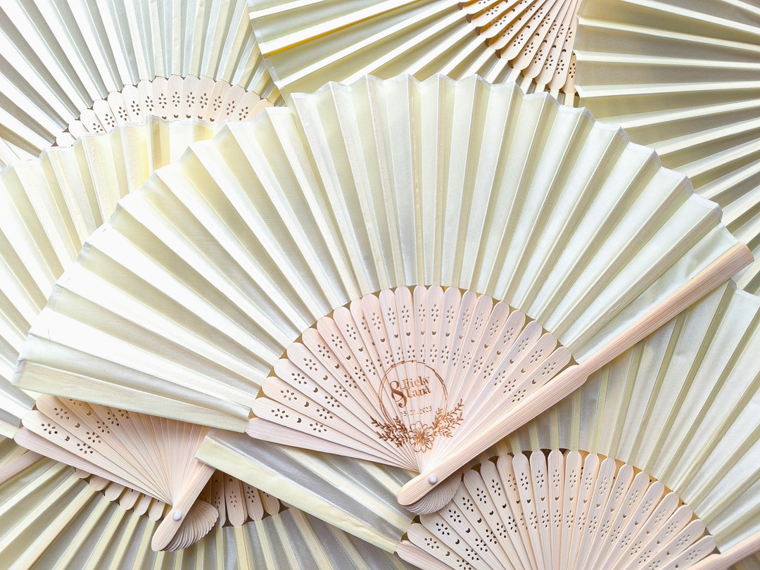Personalized Bamboo Wedding Fans in Cream Color , Laser Engraved Silk ...