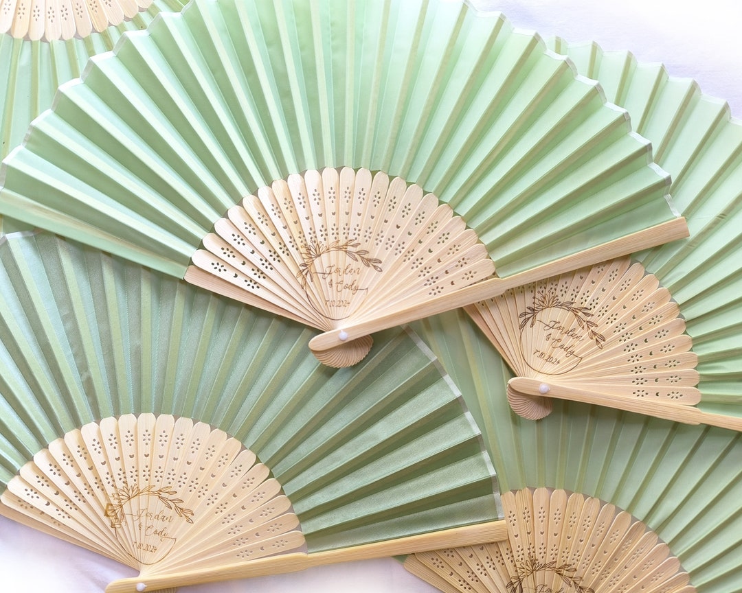 Sage Green Laser Engraved Silk Hand Fans,personalized Bamboo Silk Fans ...
