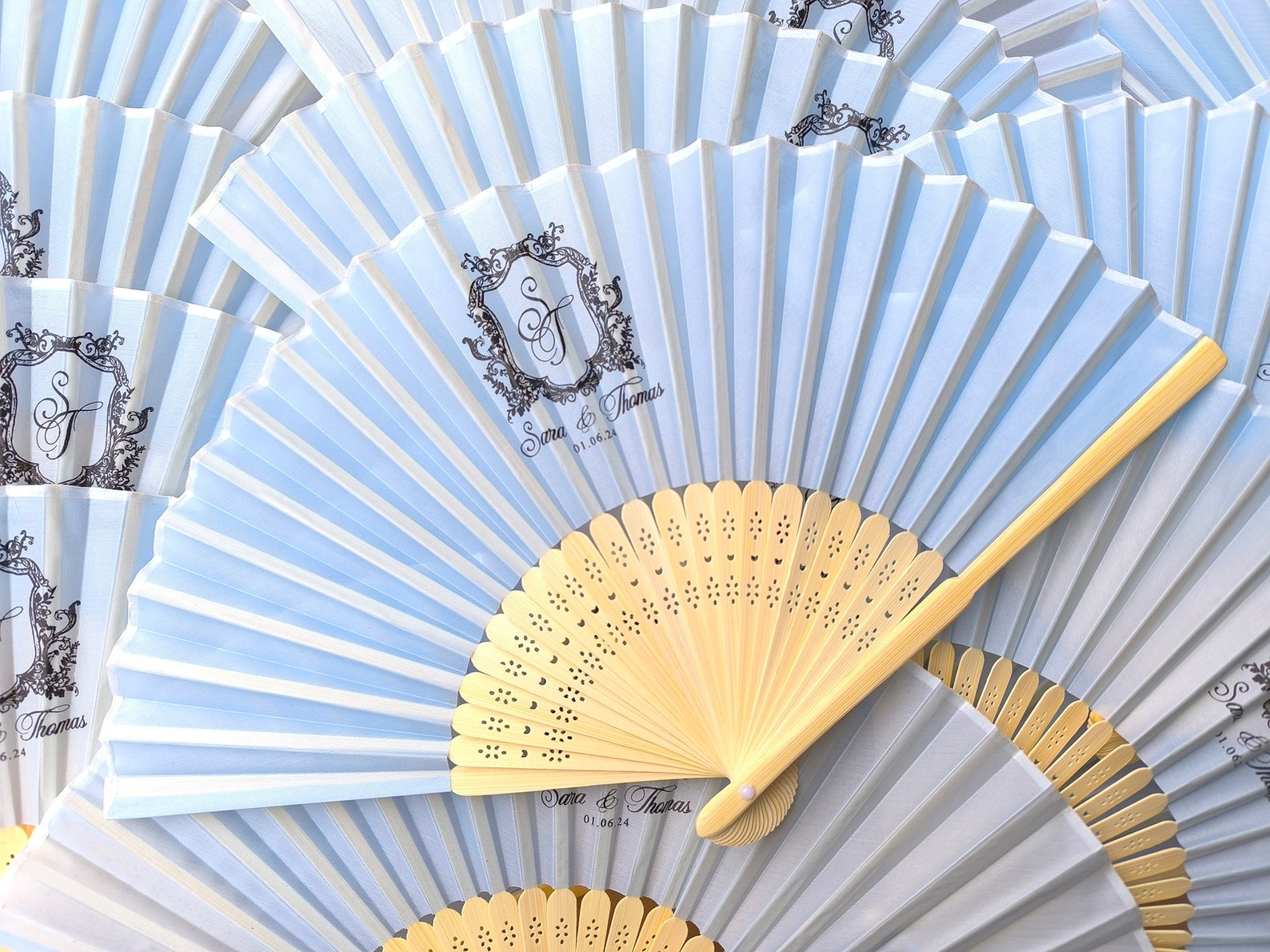 Light Blue Imitated Silk Hand Fans,personalized Bamboo Silk Fans,family ...