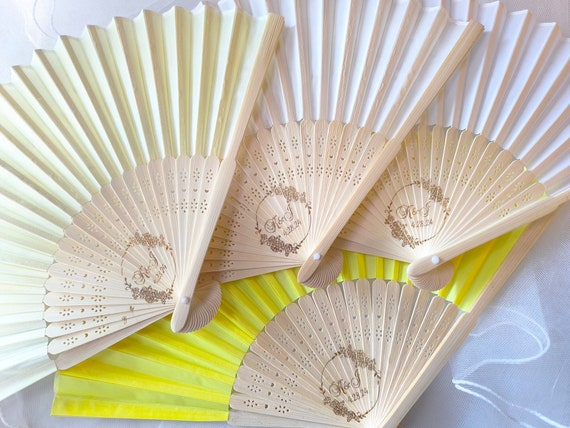 WHITE IVORY YELLOW Engraved Silk Hand Fans personalized Bamboo Silk Fans monogram Wedding Fans Special Event party Favors icon symbols Etsy