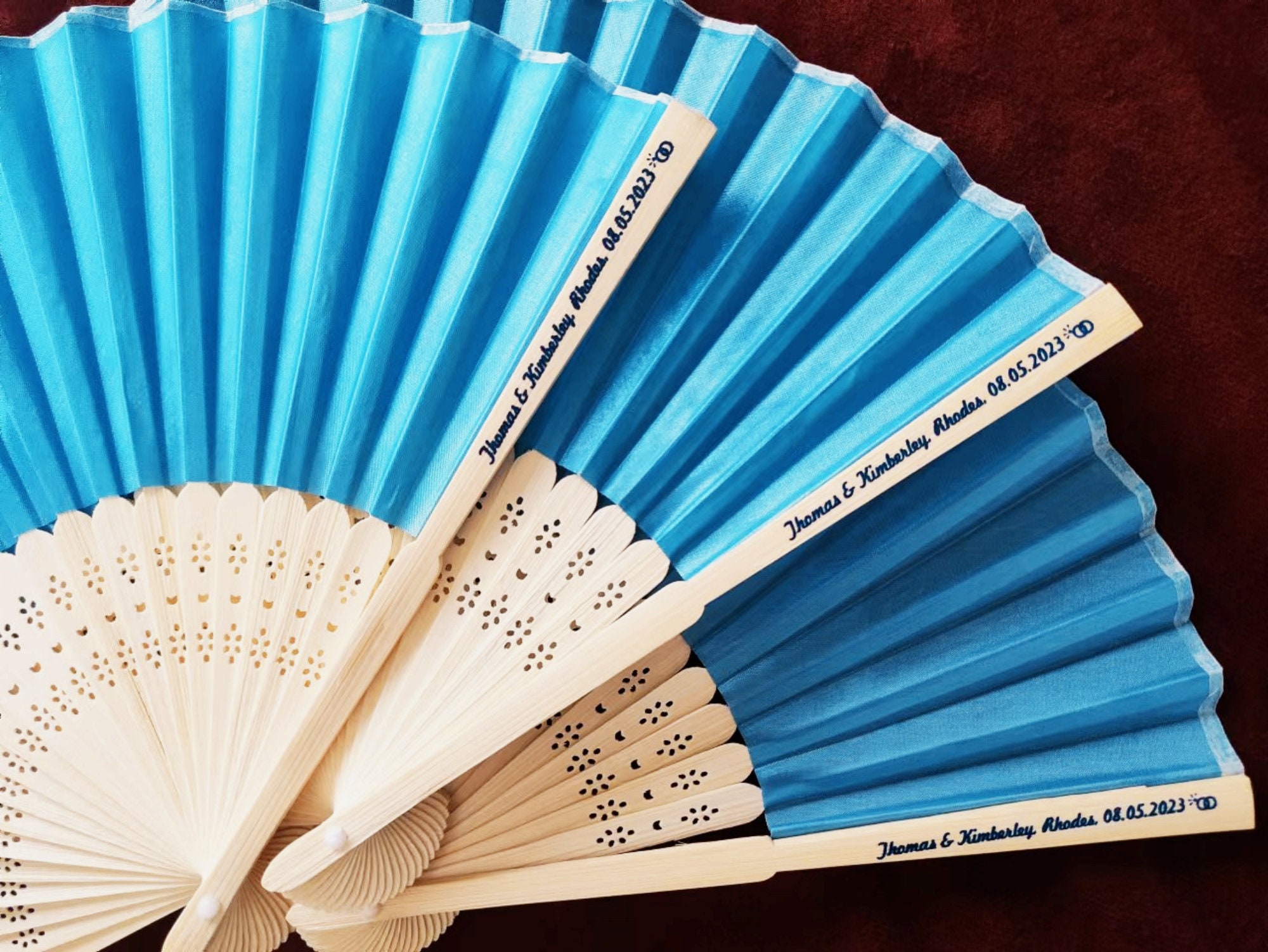 Blue Imitated Silk Wooden Hand Fans,personalized Text Printed Fans ...