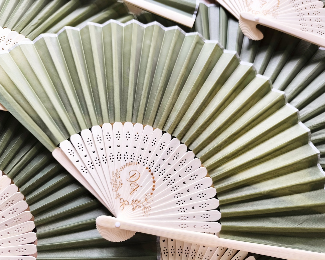 Sage Green Laser Engraved Silk Hand Fans,personalized Bamboo Silk Fans ...