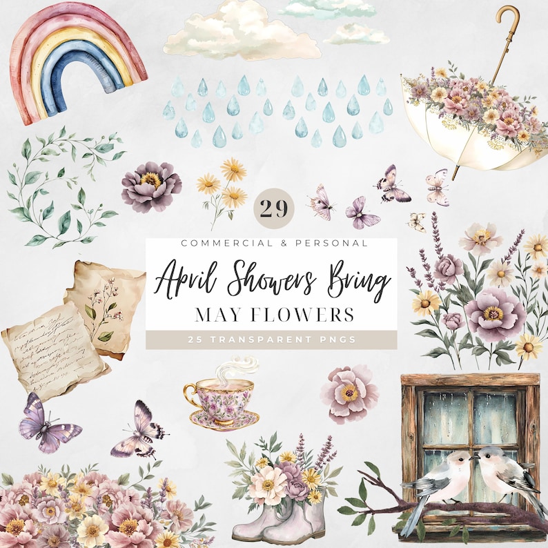 Vintage Floral Clipart | Pastel Spring Flowers, Rain, Umbrella (PNG) - Etsy